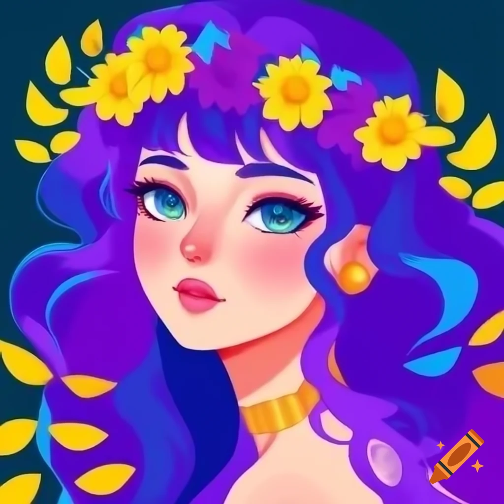 Anime Greek girl with purple and blue hair adorned with golden laurels ...