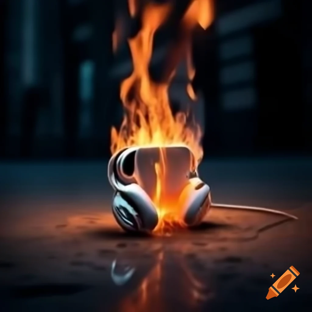 Burning AirPods on ground in city engulfed in flames on Craiyon
