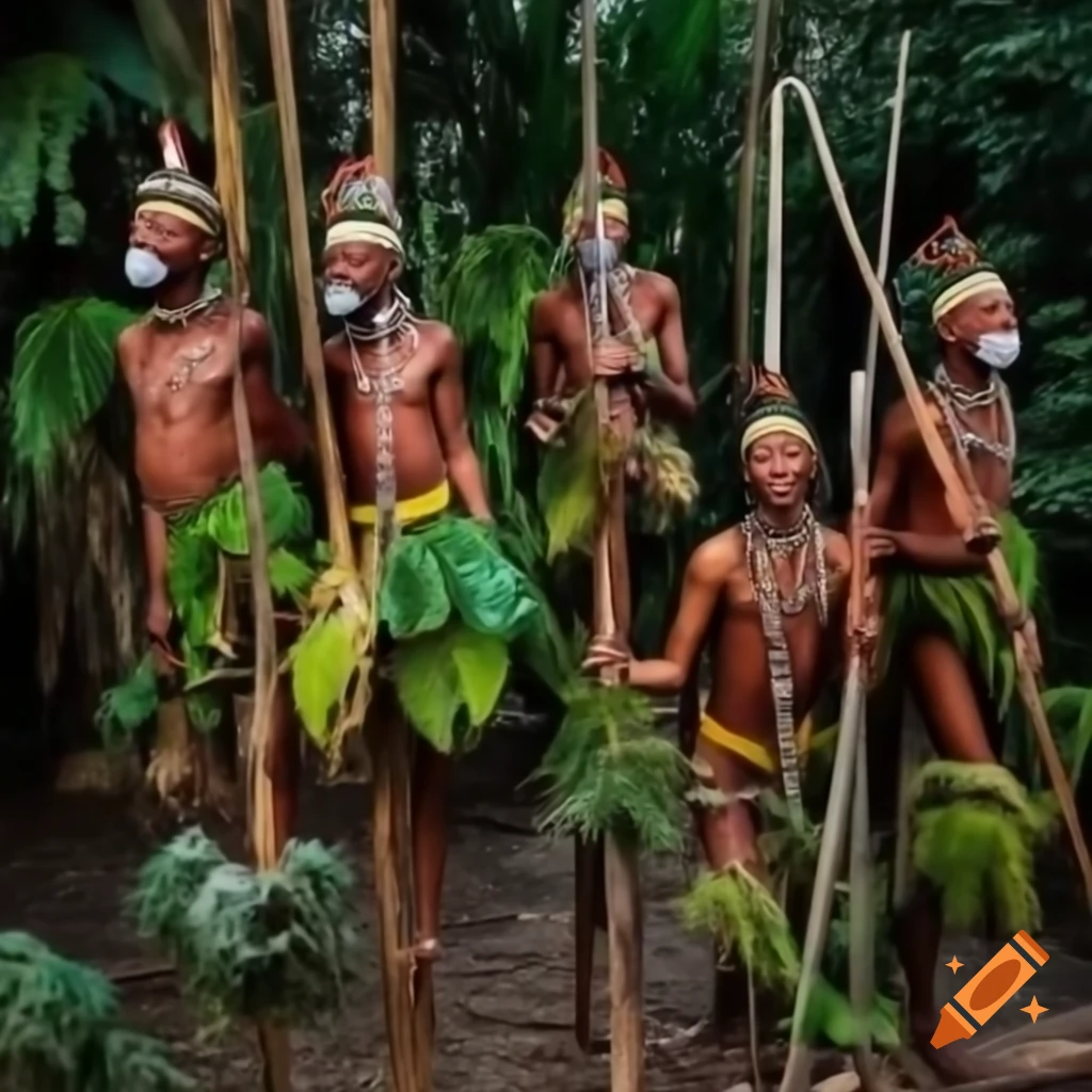 Vibrant group of tribal people in dense jungle wearing traditional ...