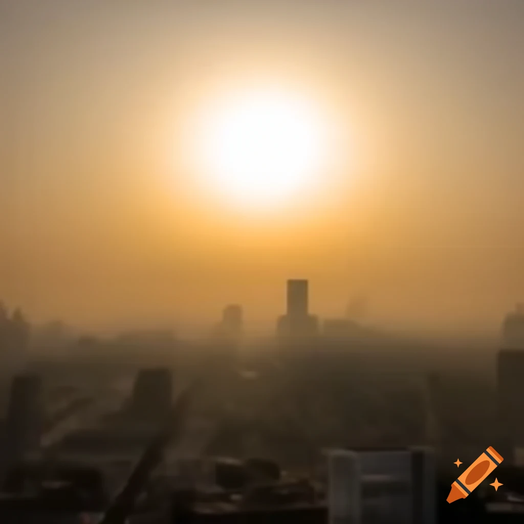 Hazy sun over Mexico City highlighting air pollution issues on Craiyon