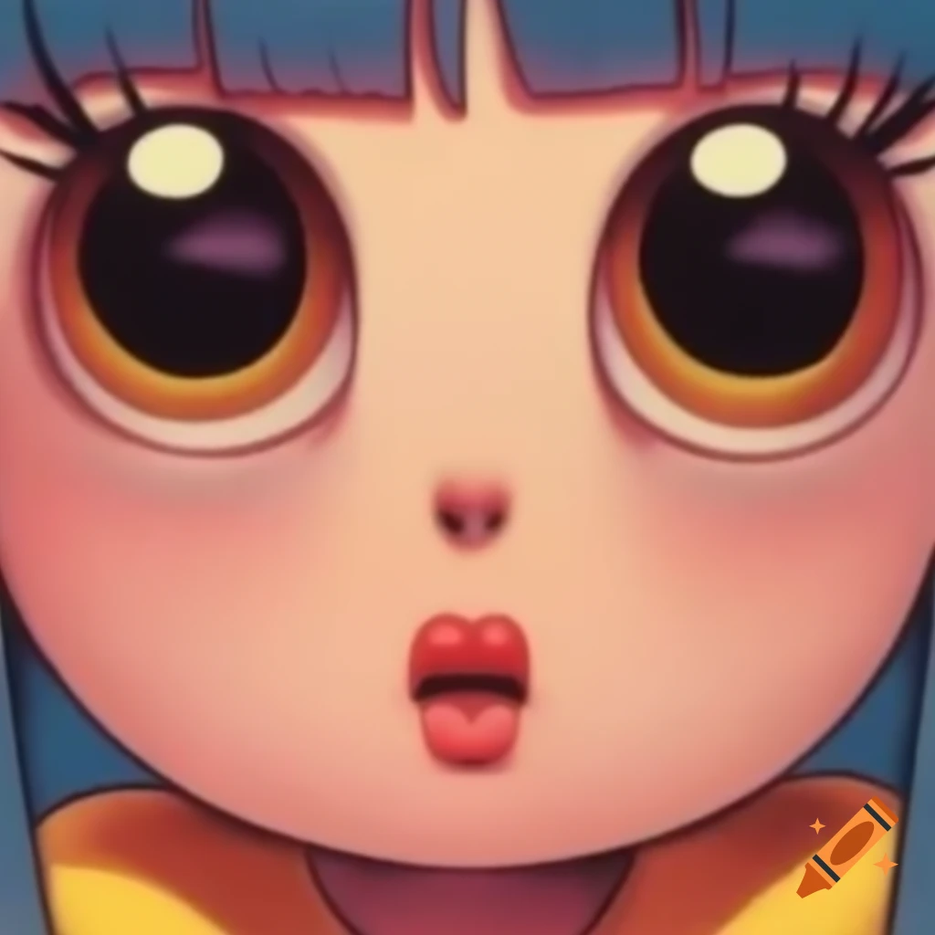 Comically exaggerated 90s anime face with large glossy eyes and smug ...