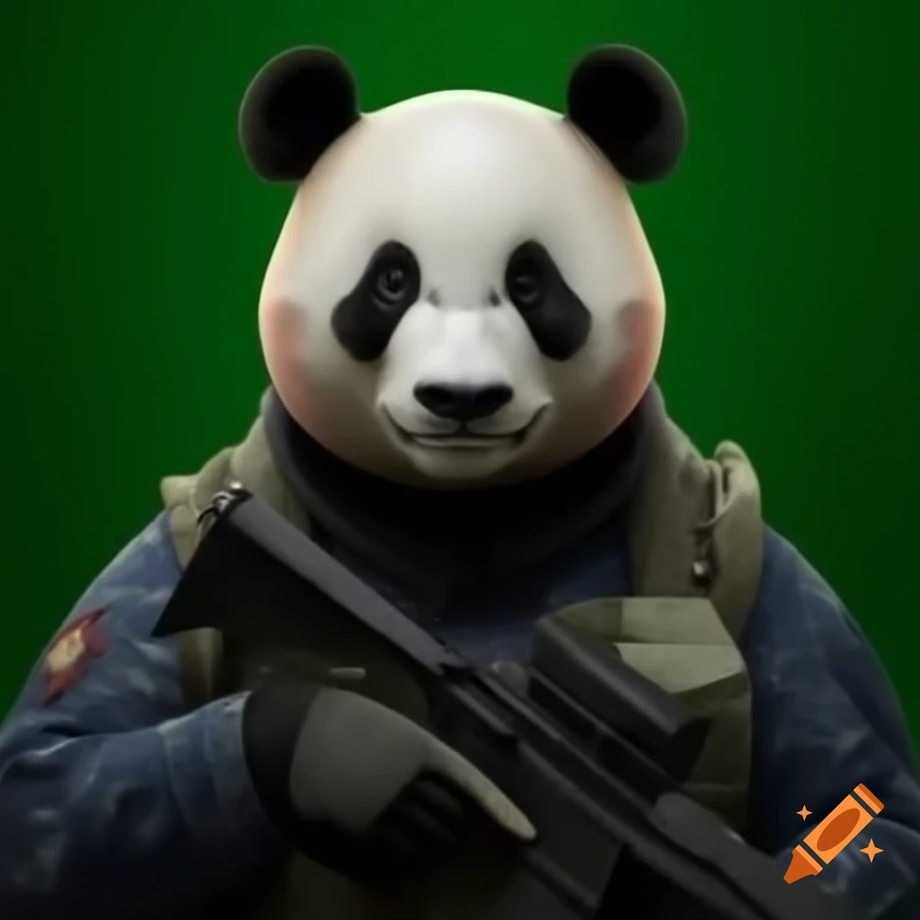 Humanoid panda soldier against a sophisticated green backdrop on Craiyon