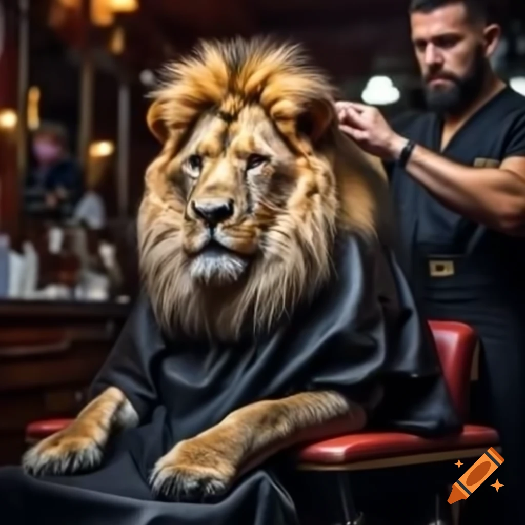 Lion being groomed by barber, showcasing its majestic mane on Craiyon