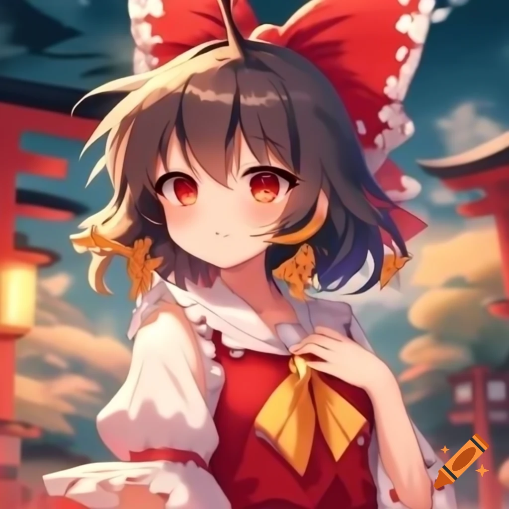 Anime shrine maiden character winking with floating heart on Craiyon