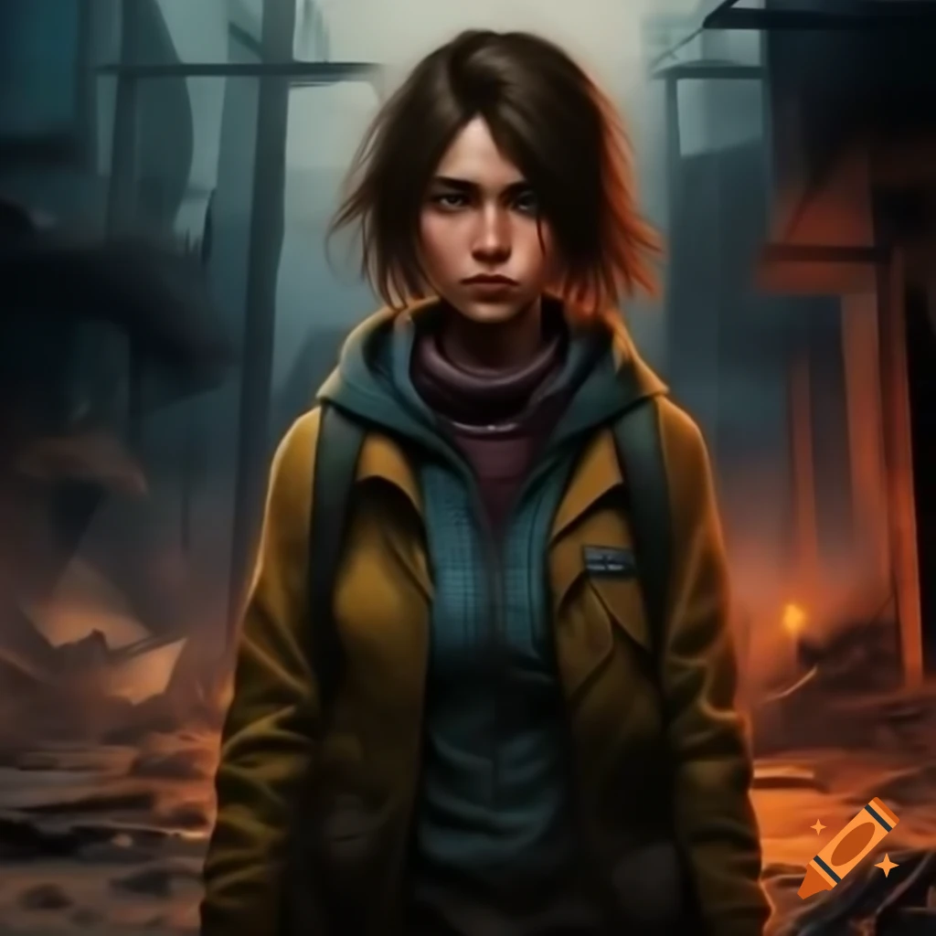 Sad young woman in post-apocalyptic manga setting on Craiyon