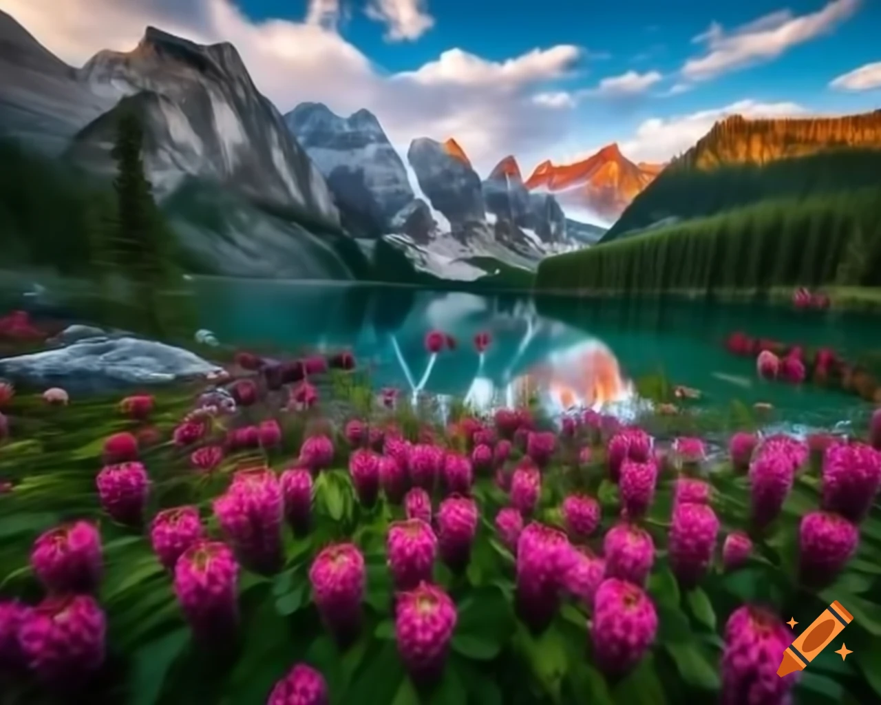 Extreme hyper-detailed micro photography of mountain lake and flowers ...