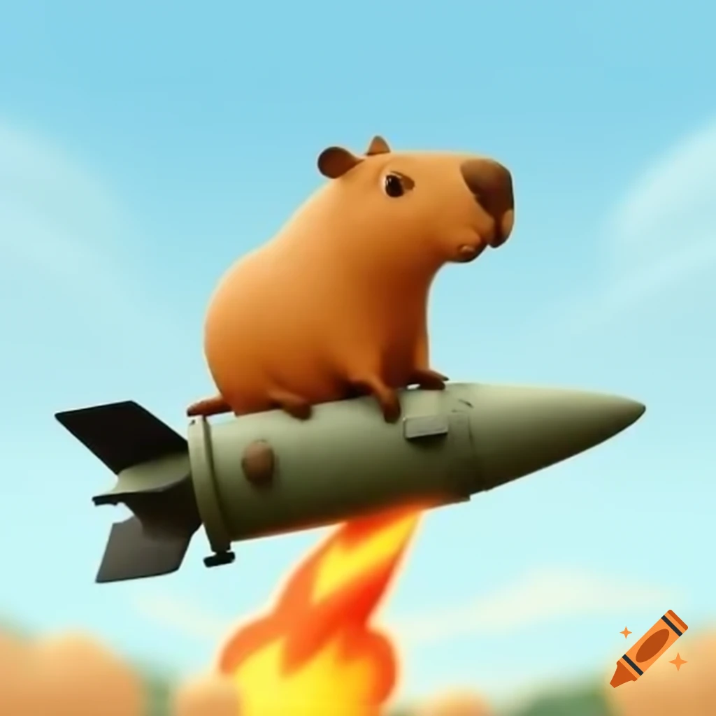 Cartoon capybara riding on a missile on Craiyon