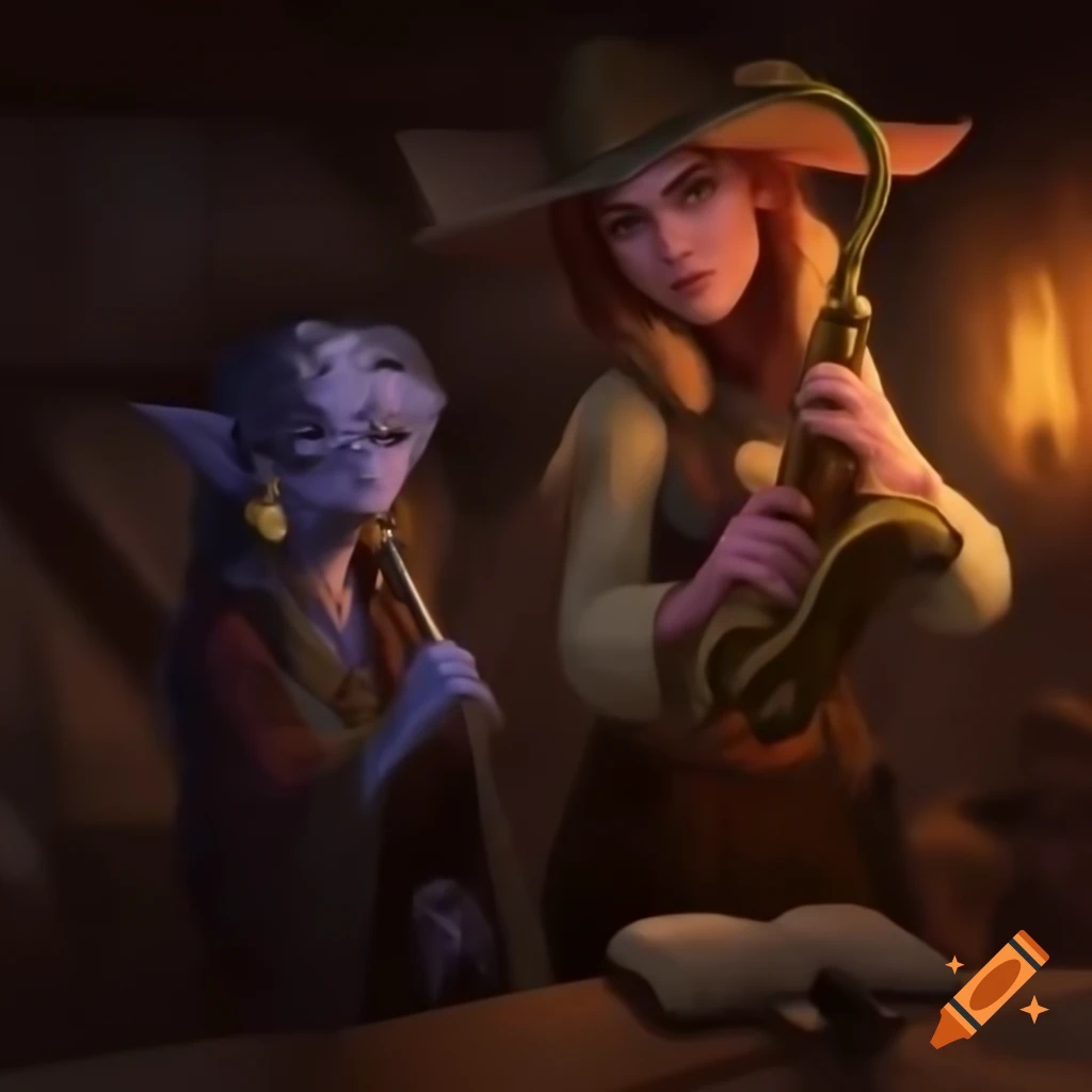Noble Bard Halfling performing with saxophone in a tavern on Craiyon