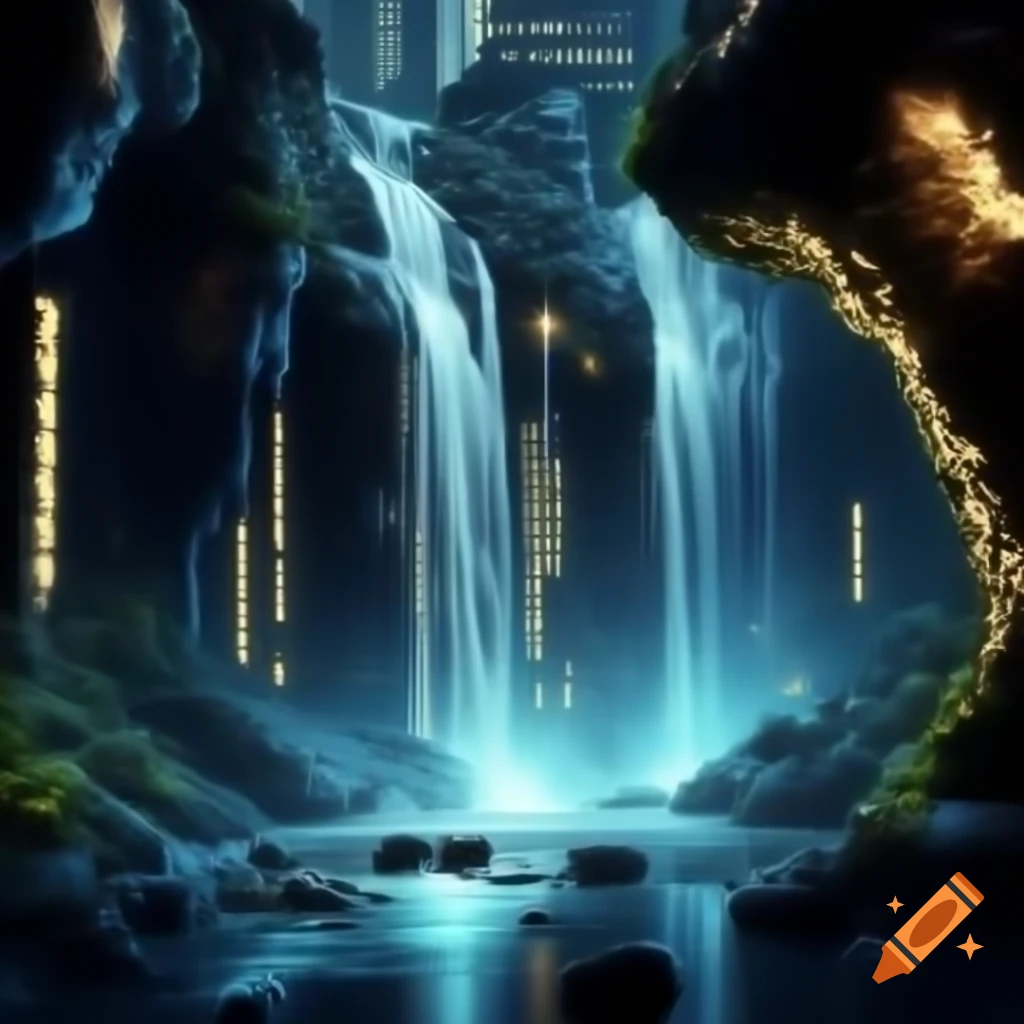 Hyper-realistic waterfall of light and binary codes in illuminated city ...