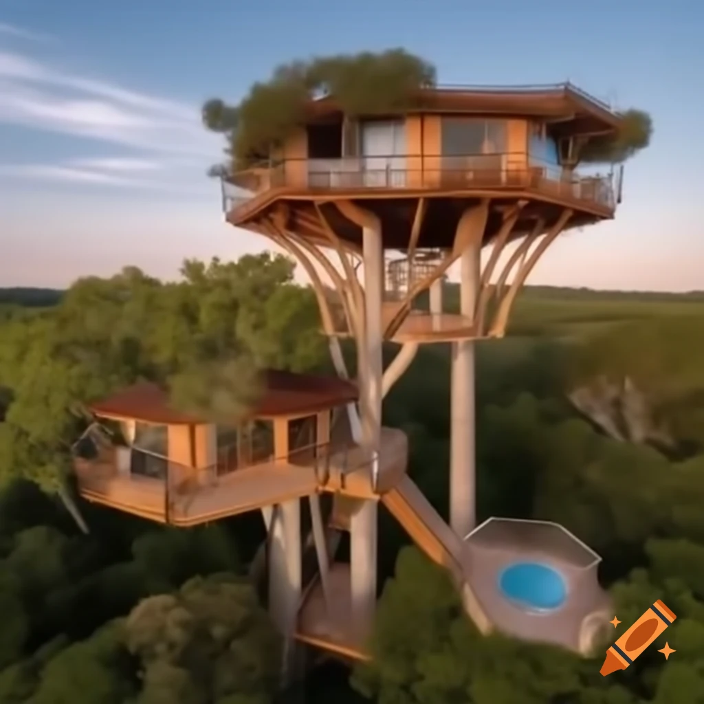 Giant treehouse in the air with suspended walkways and swimming pool on ...