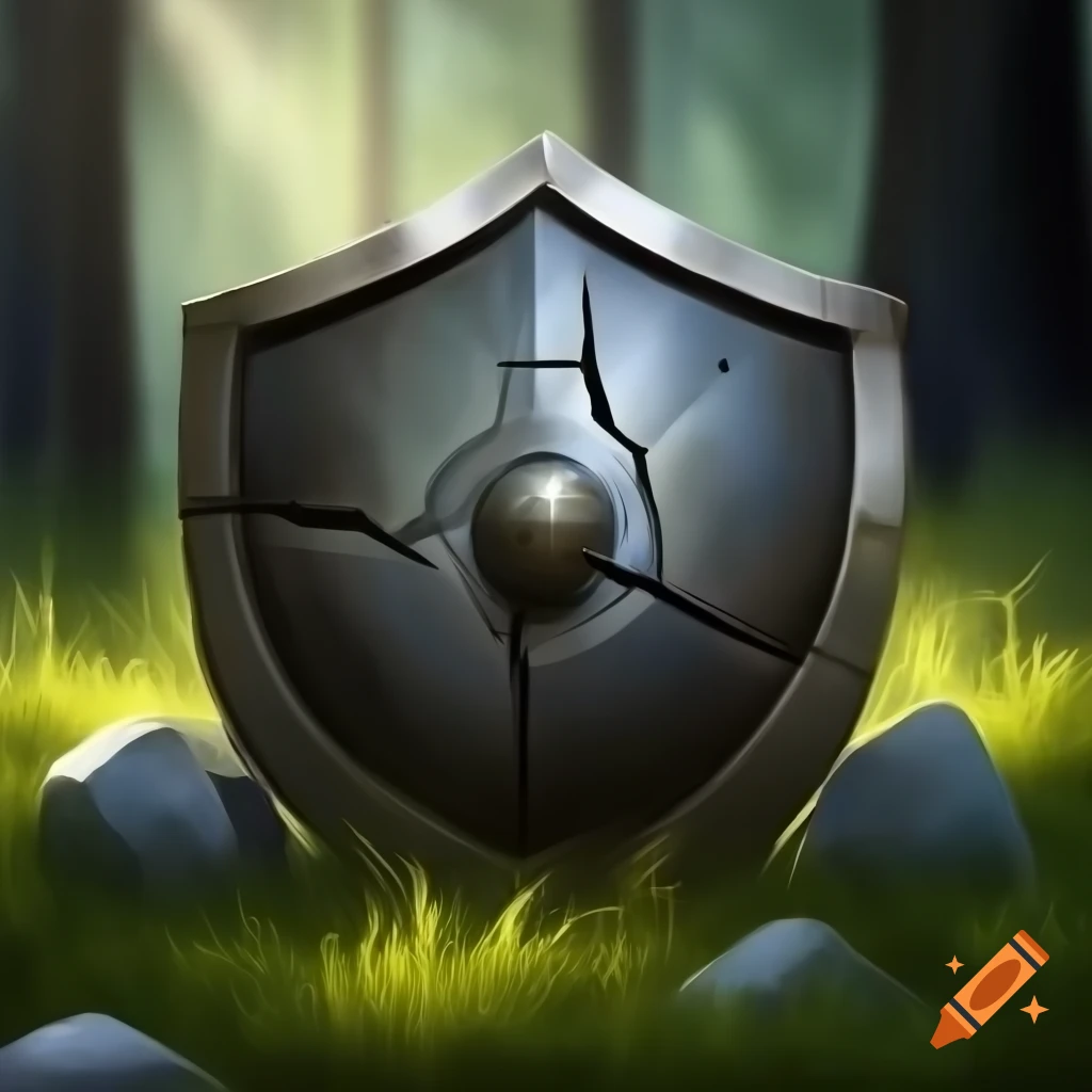 Cinematic painting of a cracked but intact weathered shield on Craiyon