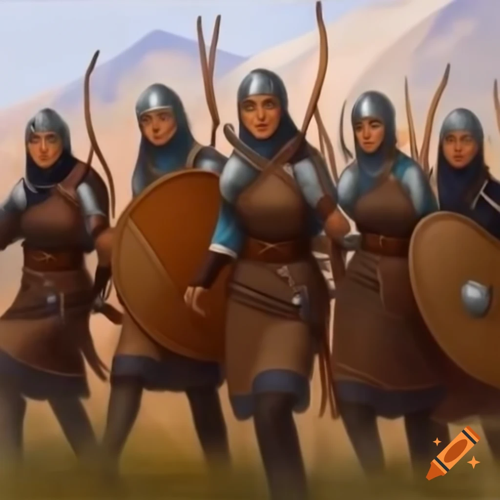 Karakalpak women warriors in armor with bows and shields in traditional costumes on Craiyon