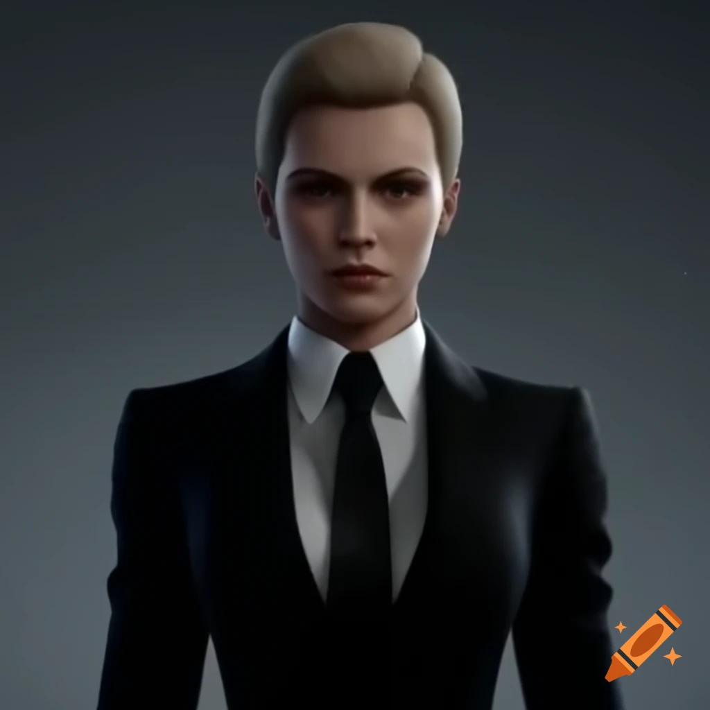 Female hitman in black suit and tie with short hair on Craiyon