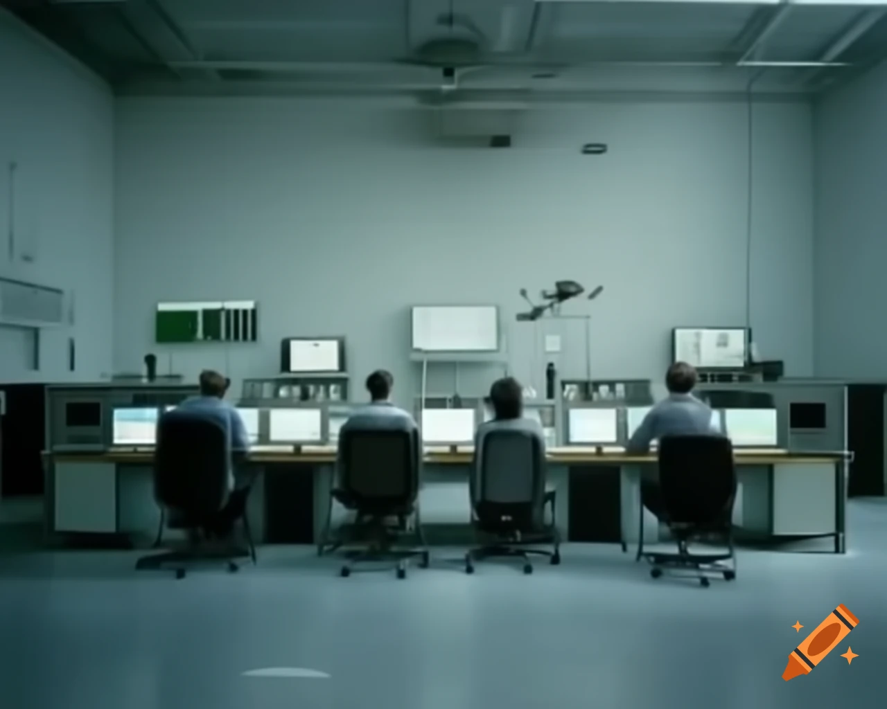 Minimalist control room with servers, operators, and drone monitors on ...