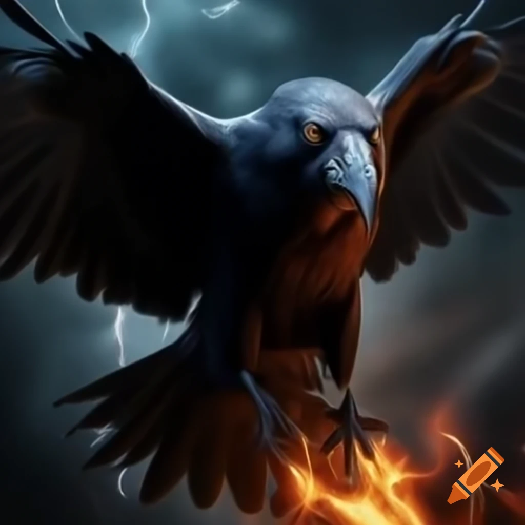 Giant raven in flight with wings outstretched under lightning, intense ...