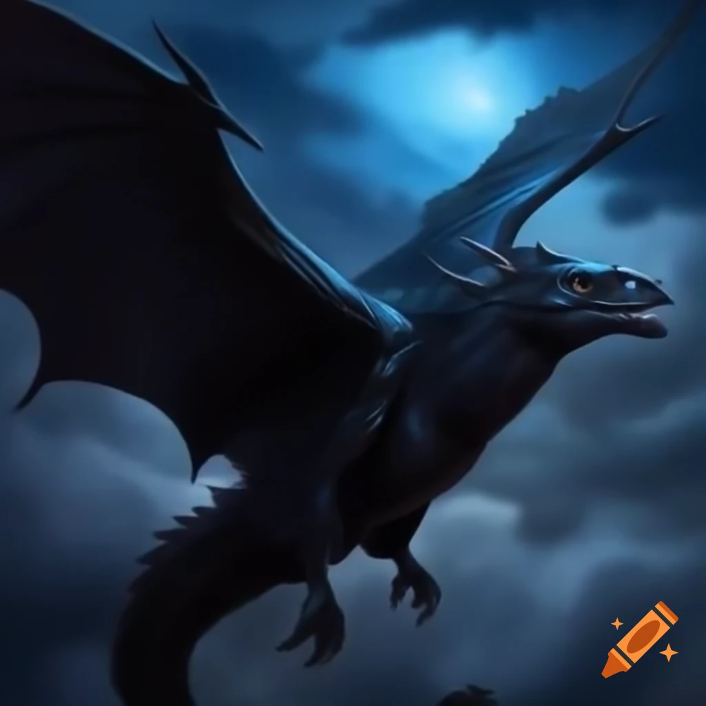 Raven-like wyvern dragon flying through the sky with blue glimmers on ...