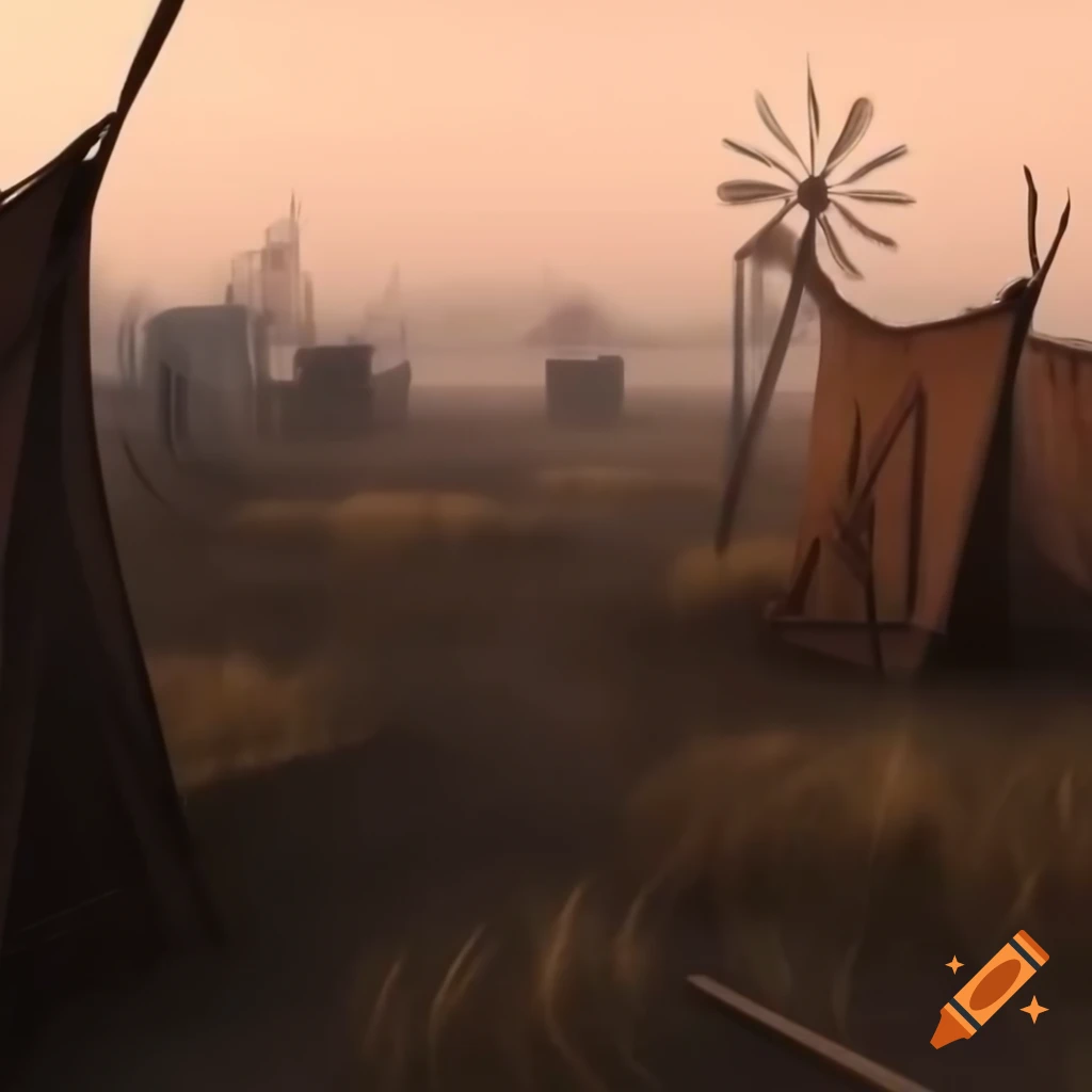 Desolate frontier settlement with wooden barricade and huts on Craiyon