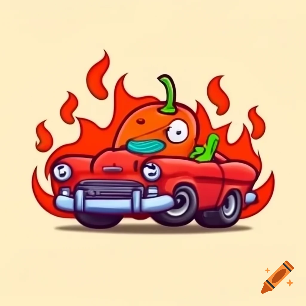 Cartoon red chili pepper driving classic Chevy with flames on Craiyon