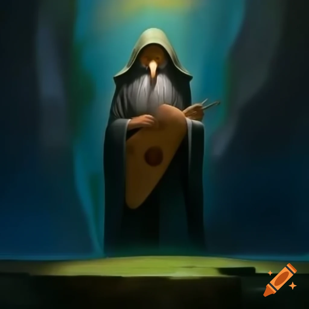 Lone figure in mystical robes at cliff's edge, pipe and lute, gazing ...