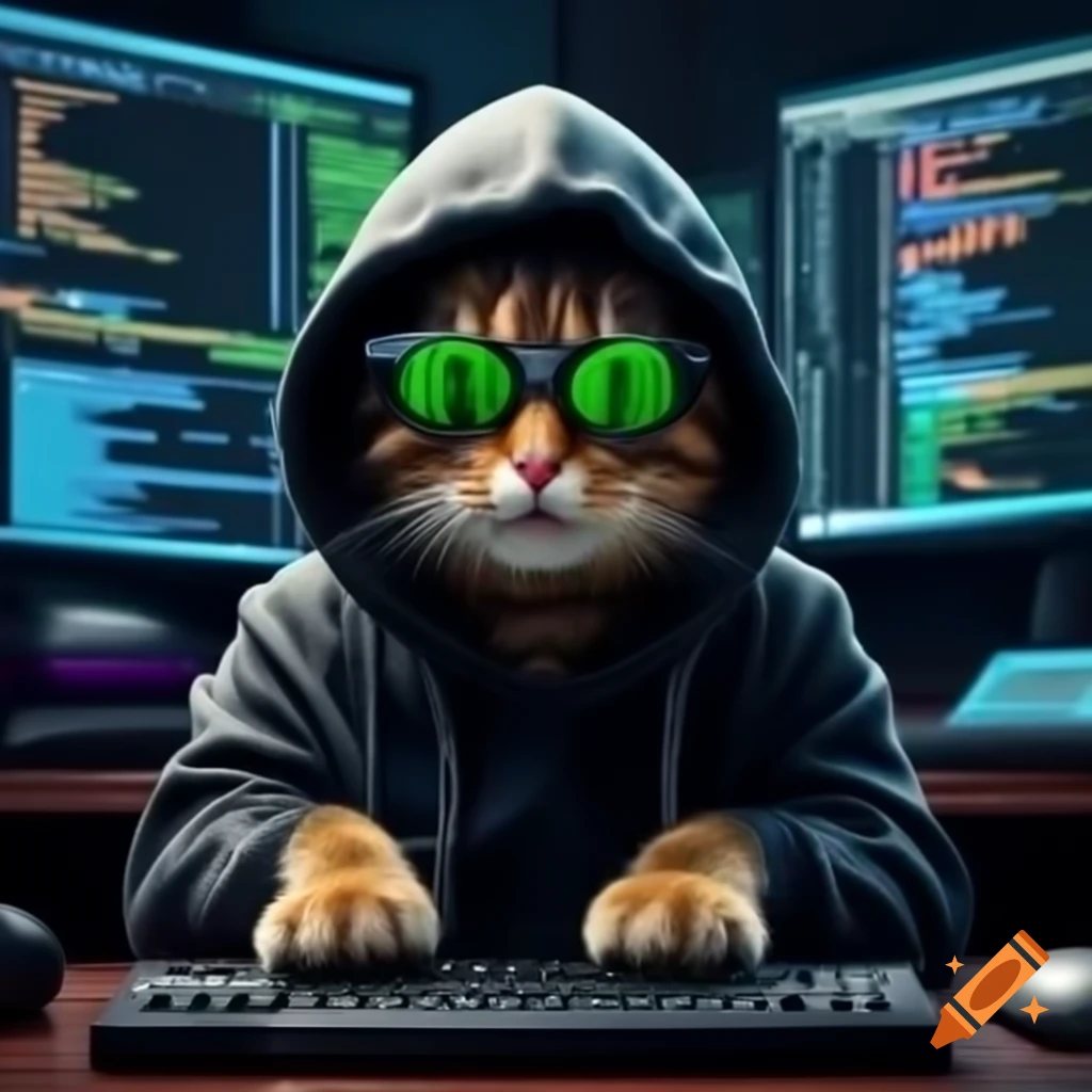 Orange cat hacker in black hoodie and sunglasses at keyboard surrounded ...