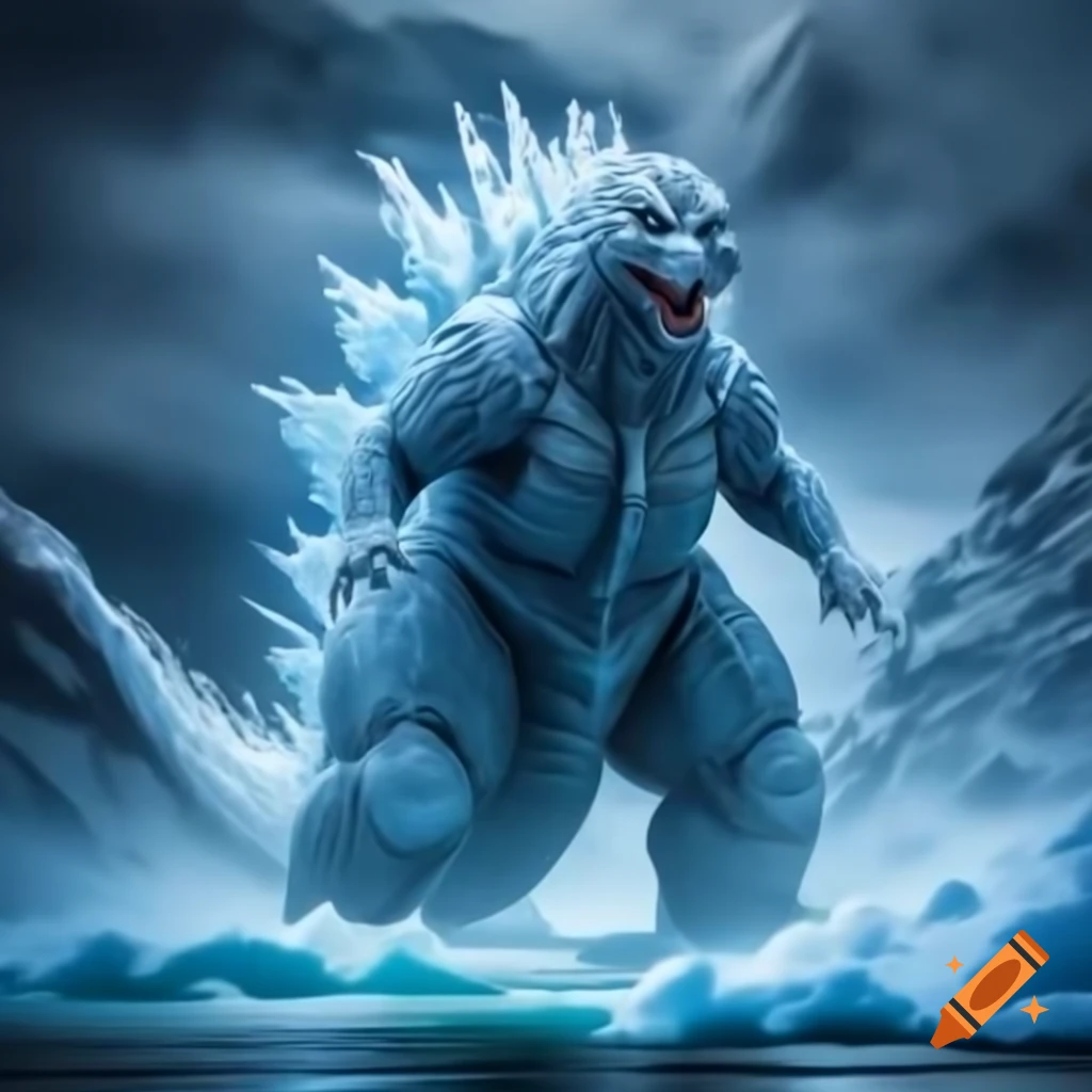 Frost Godzilla rising from waves with icy glaciers and crystalline ...