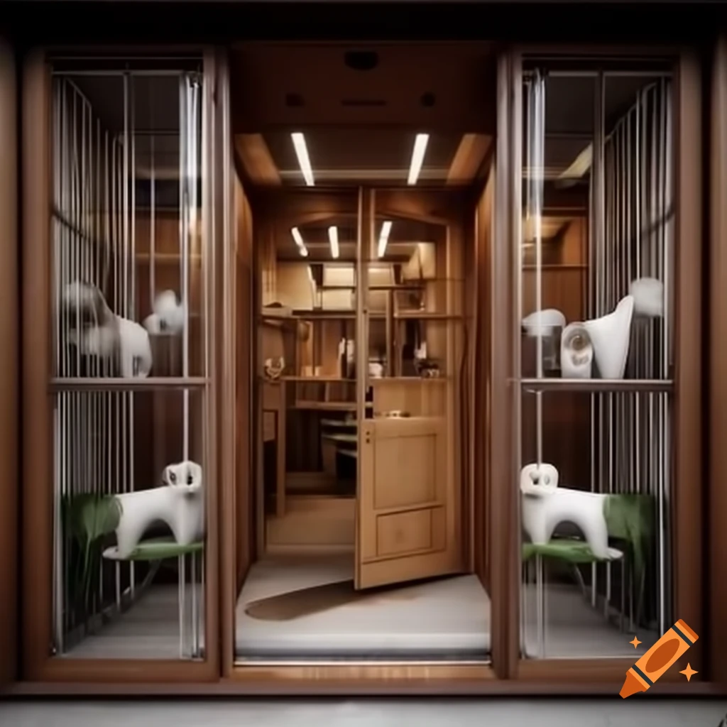 Wooden door entrance to pet store with visible animal cages inside on ...