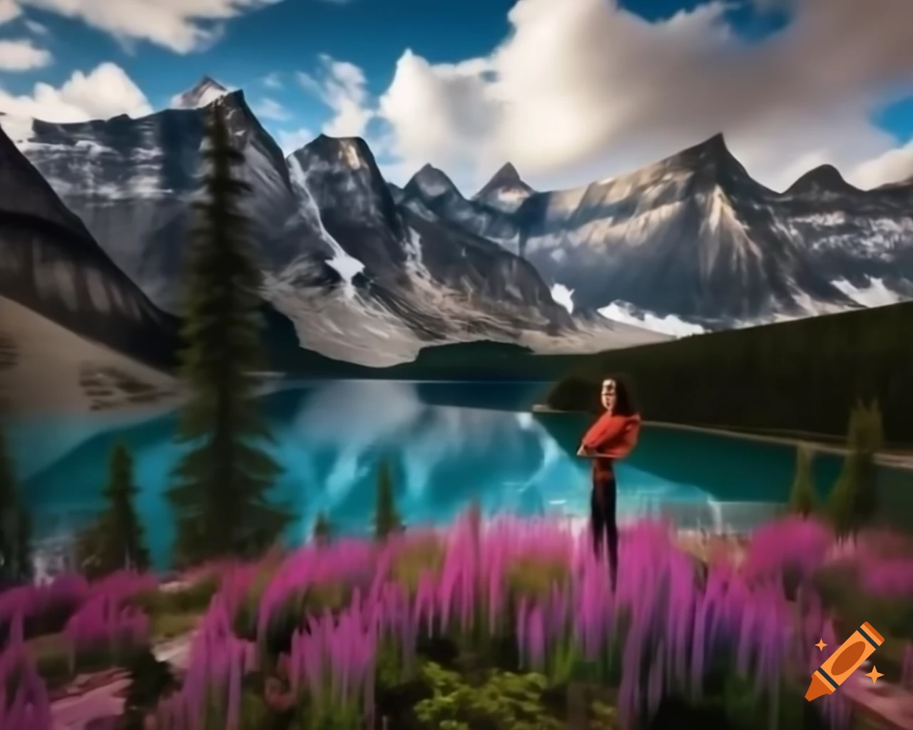 Hyper realistic micro photography of mountain lake and flowers on Craiyon