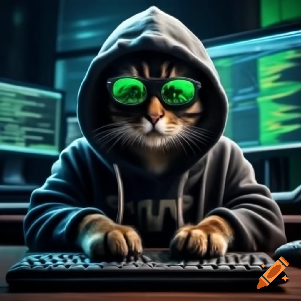 Cat wearing sunglasses and hoodie, typing on keyboard surrounded by computer screens with code ...