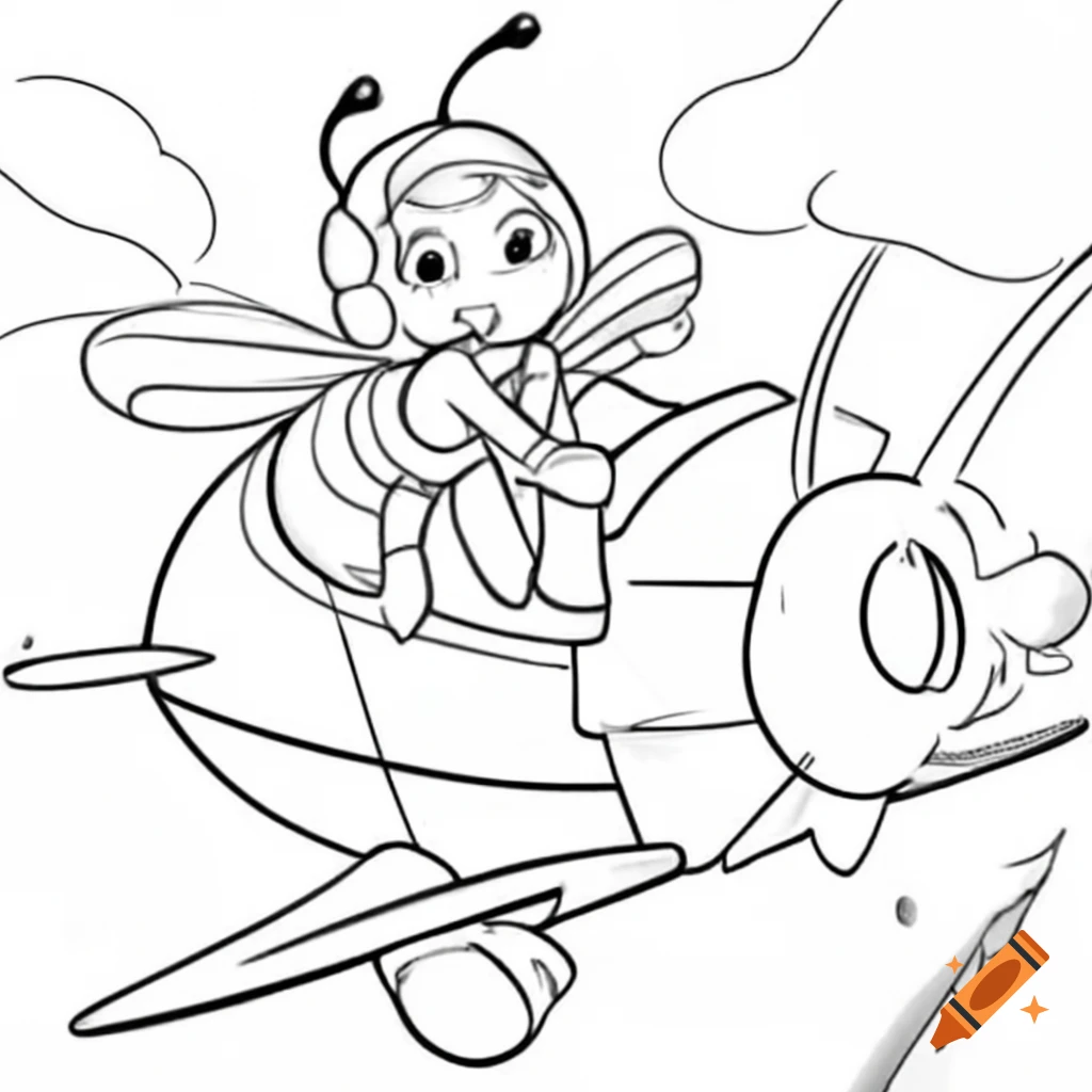 Coloring book page featuring a bee dressed as a pilot on Craiyon