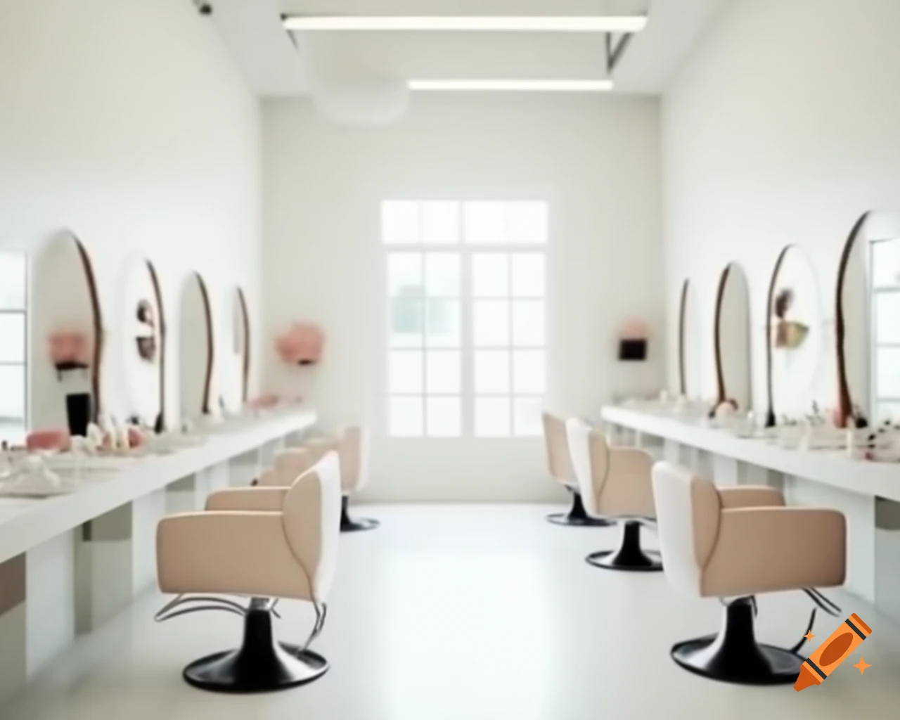 Modern and cute hair salon with pale colors and woodsy decor on Craiyon