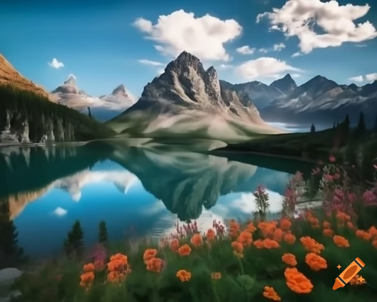 Hyper sharp micro photography of mountain lake and flowers on Craiyon