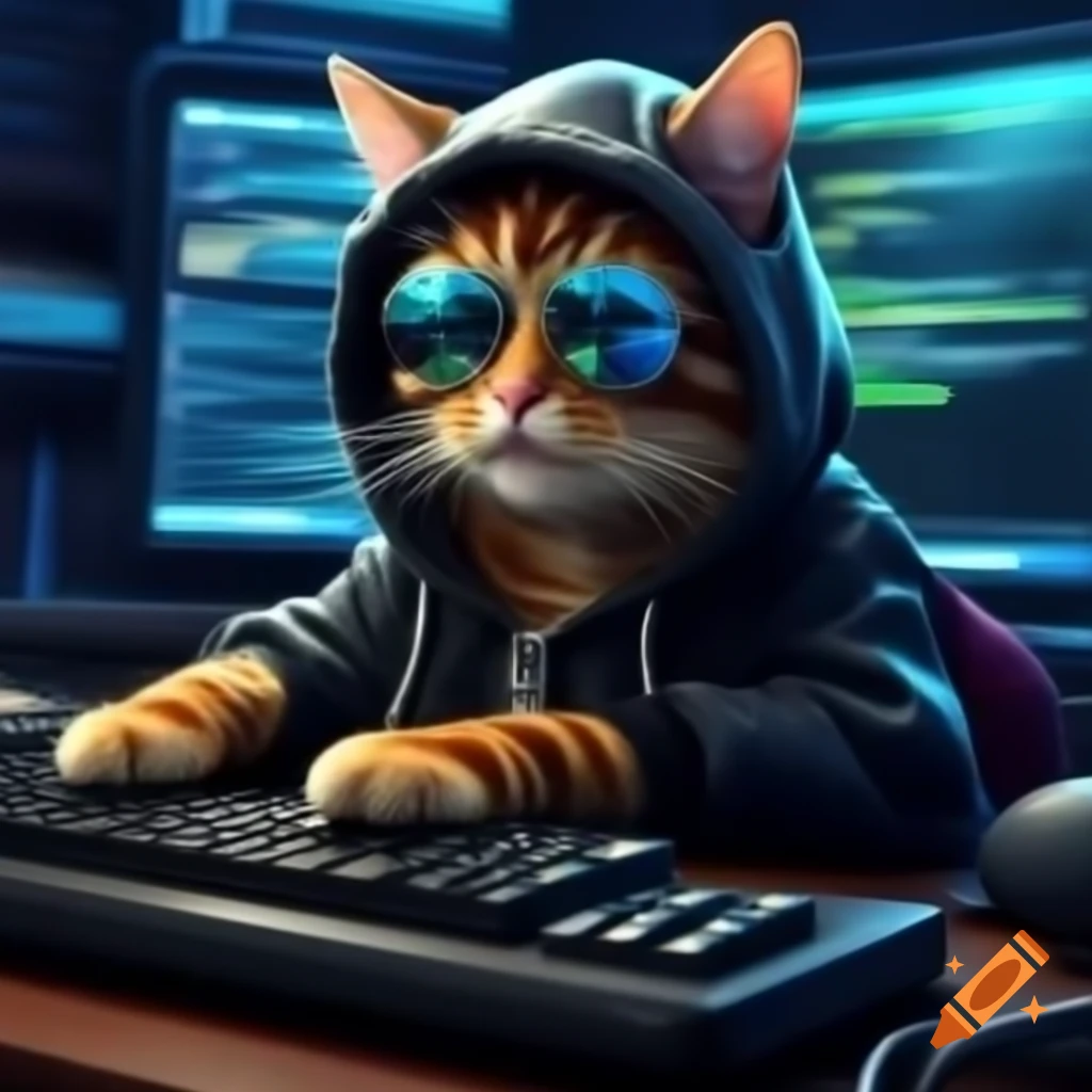Mischievous orange tabby in hoodie and sunglasses on keyboard ...