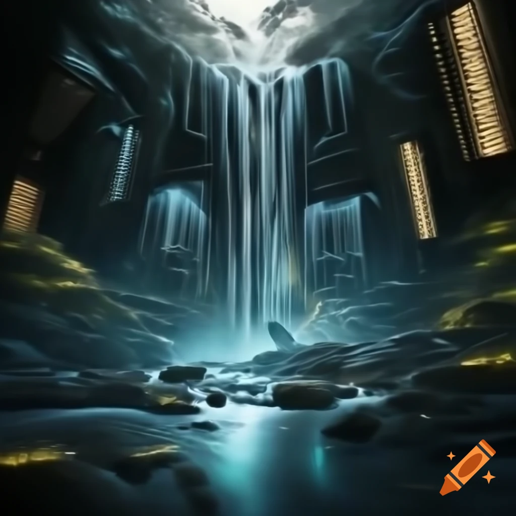 Hyper-realistic digital representation of a river with waterfall of light and matrix binary ...
