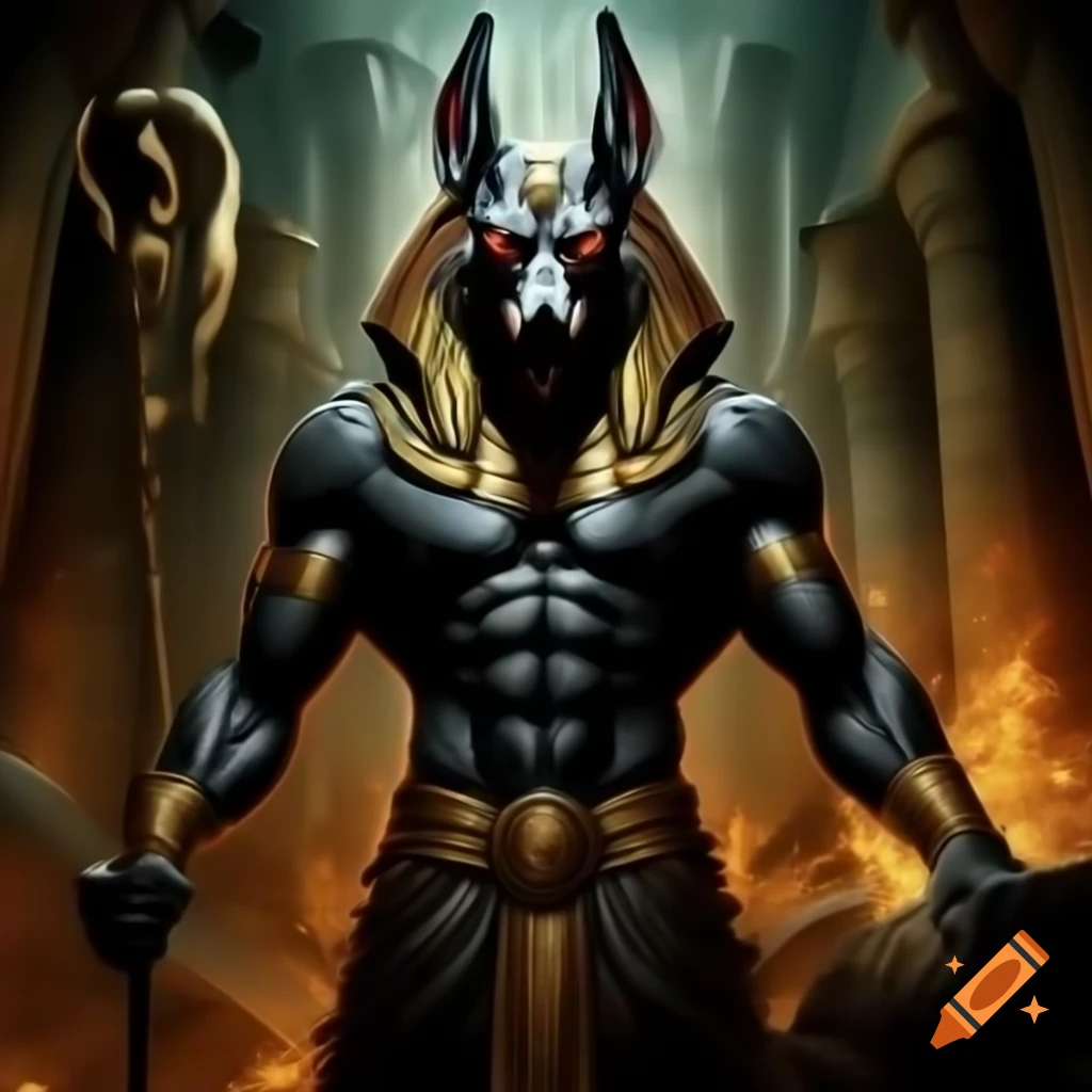 Realistic depiction of Anubis, ancient Egyptian god of death, in a dark and muscular form on Craiyon