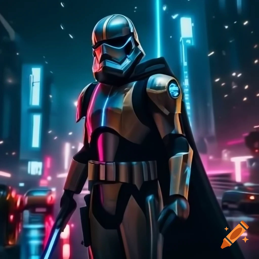 Futuristic cyberpunk knight in neon armor in rain-soaked cityscape at ...