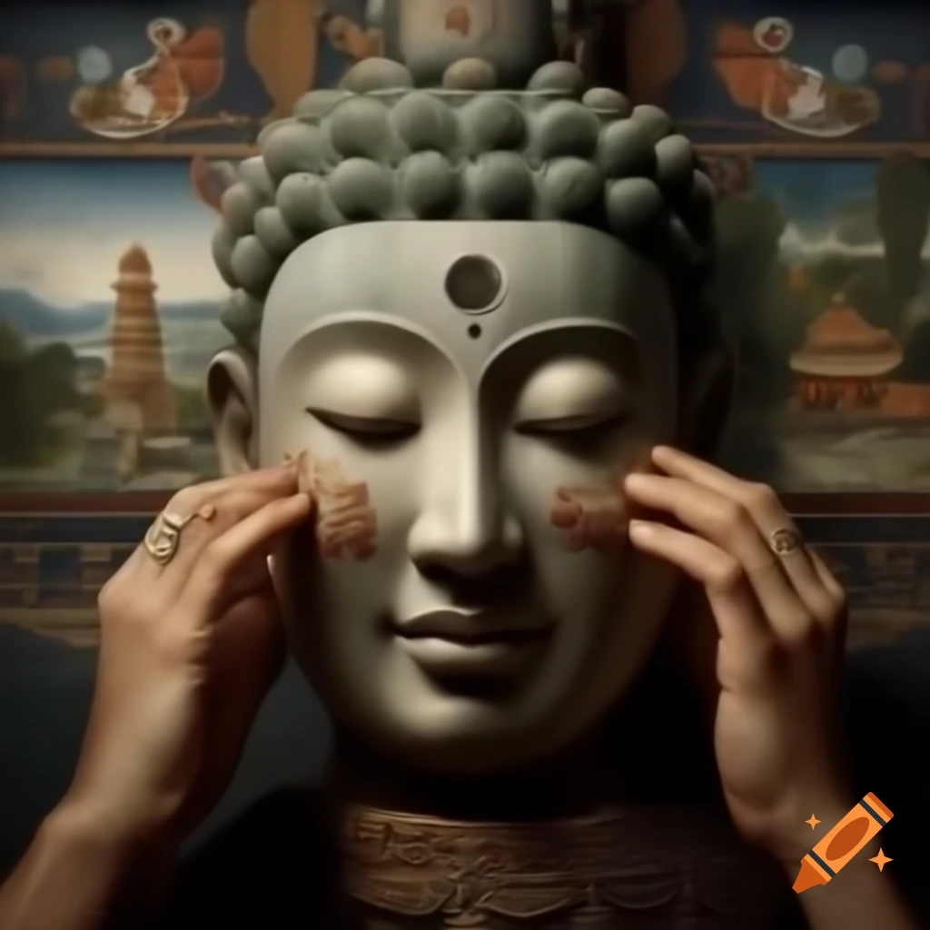 Person removing mask symbolizing awakening influenced by buddhism and ...