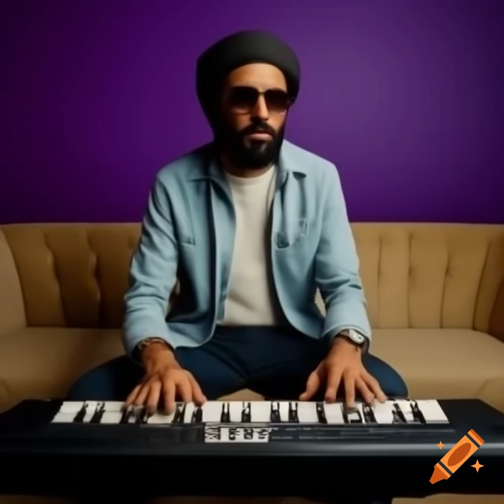 Middle eastern man playing keyboard in purple room with beige couches ...