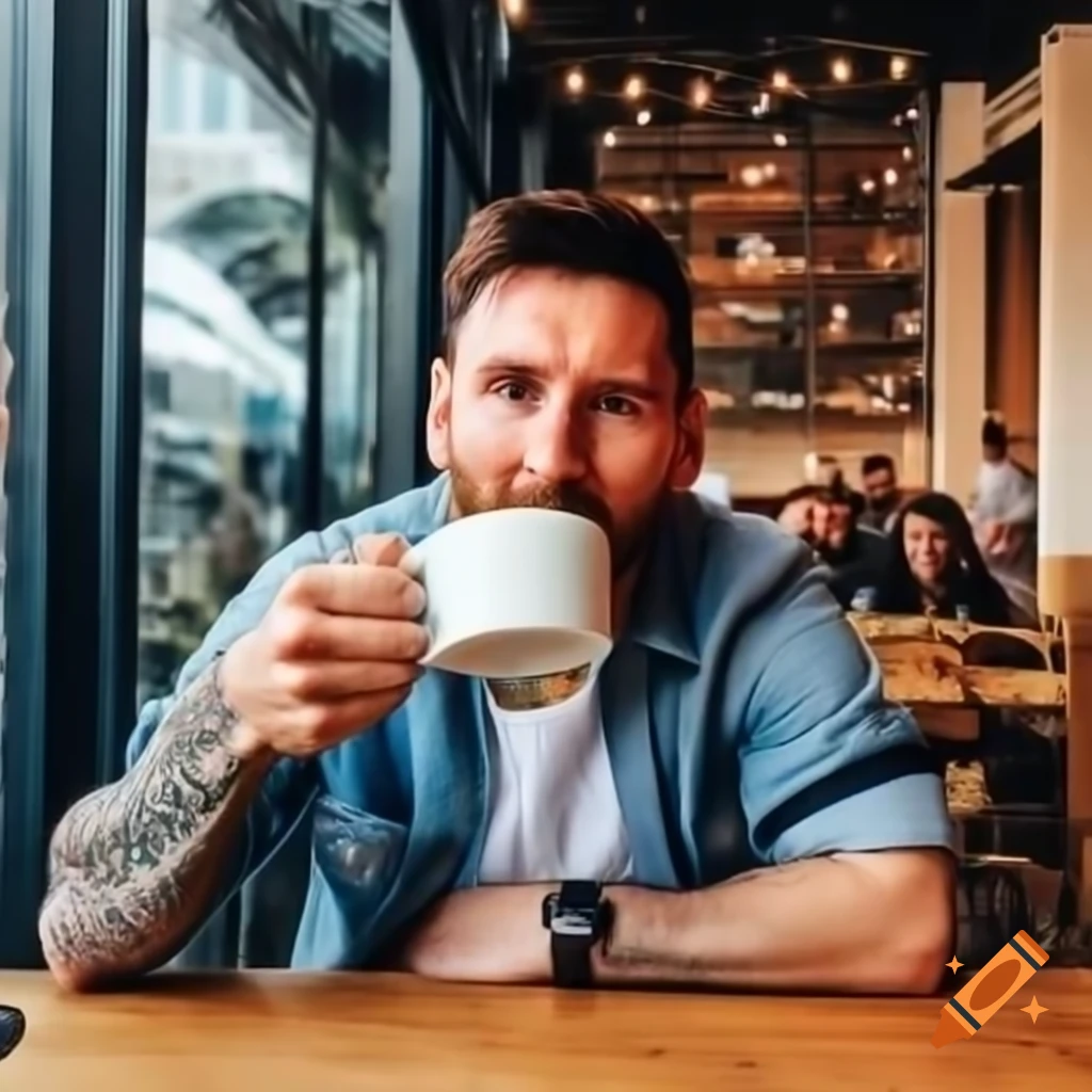 Lionel messi drinking coffee at trendy cafe on Craiyon