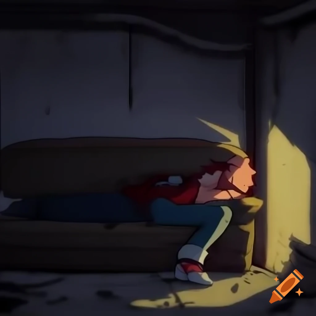Anime character sleeping sadly on worn-out couch in dim basement on Craiyon