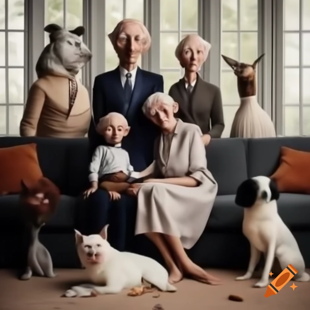 Realistic family portrait with humans in elegant attire and animal ...