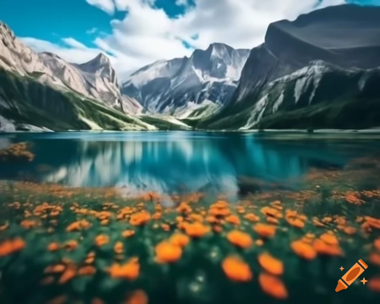 Extreme hyper-realistic micro photography of mountain lake and flowers ...