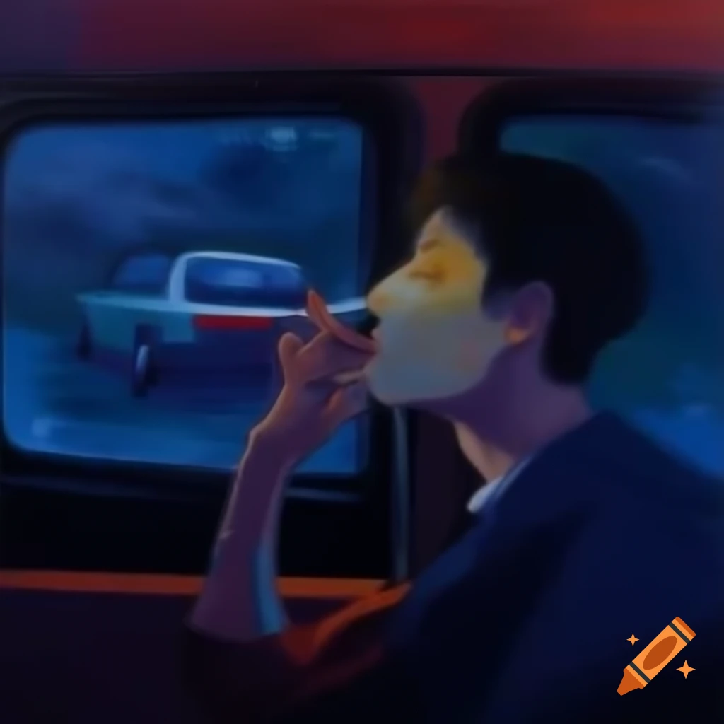 Abstract expressionism painting of man smoking by car window at night ...