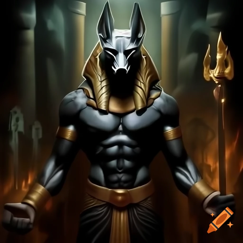 Realistic depiction of anubis, ancient egyptian god of death, in a dark ...