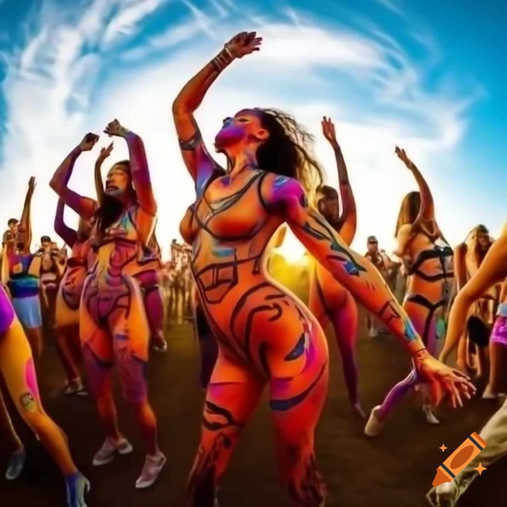 Women in vibrant body paint dancing at psychedelic trance festival on Craiyon