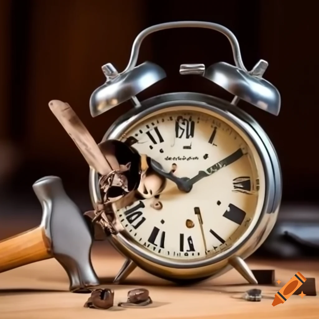 Smashed vintage alarm clock with a hammer on a surface on Craiyon