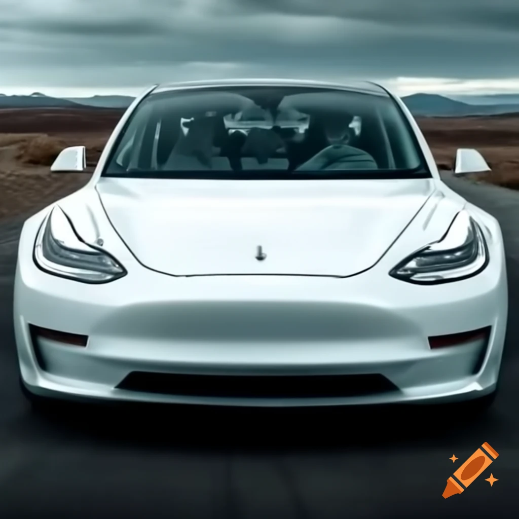 White Tesla car with a humorous moustache design on Craiyon