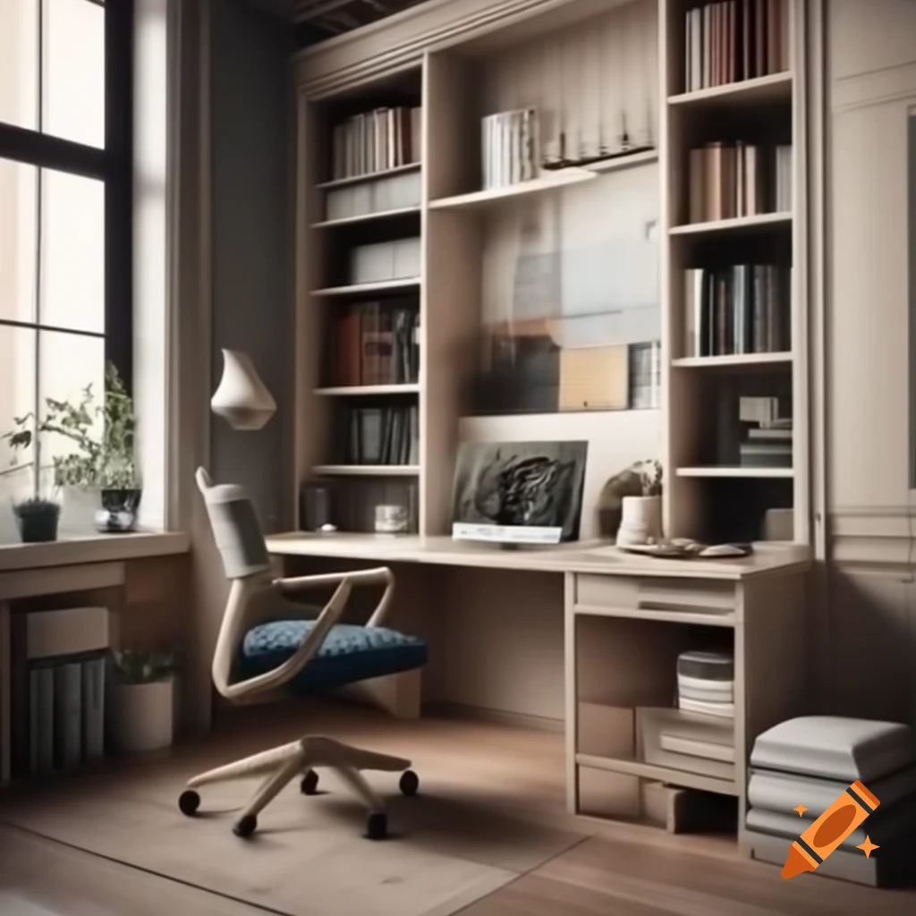 Modern desk setup with notebook, large screen, books, and scandinavian ...