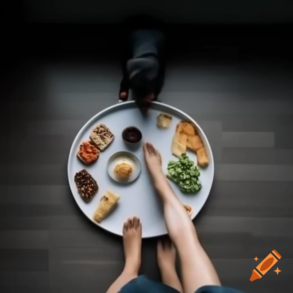 Woman with feet in plate of food on floor, dog looking at her feet on ...