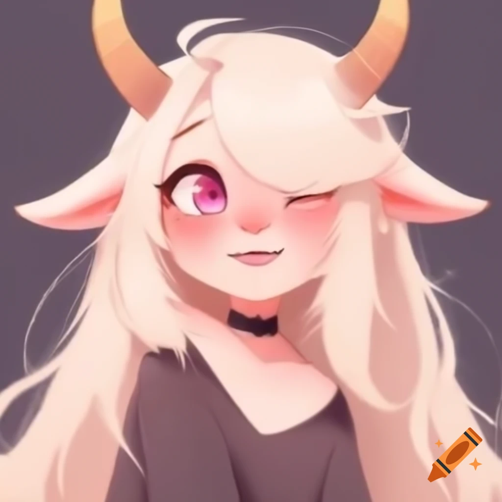 Anime-style faun girl with goat horns and pink eyes, casual outfit on ...