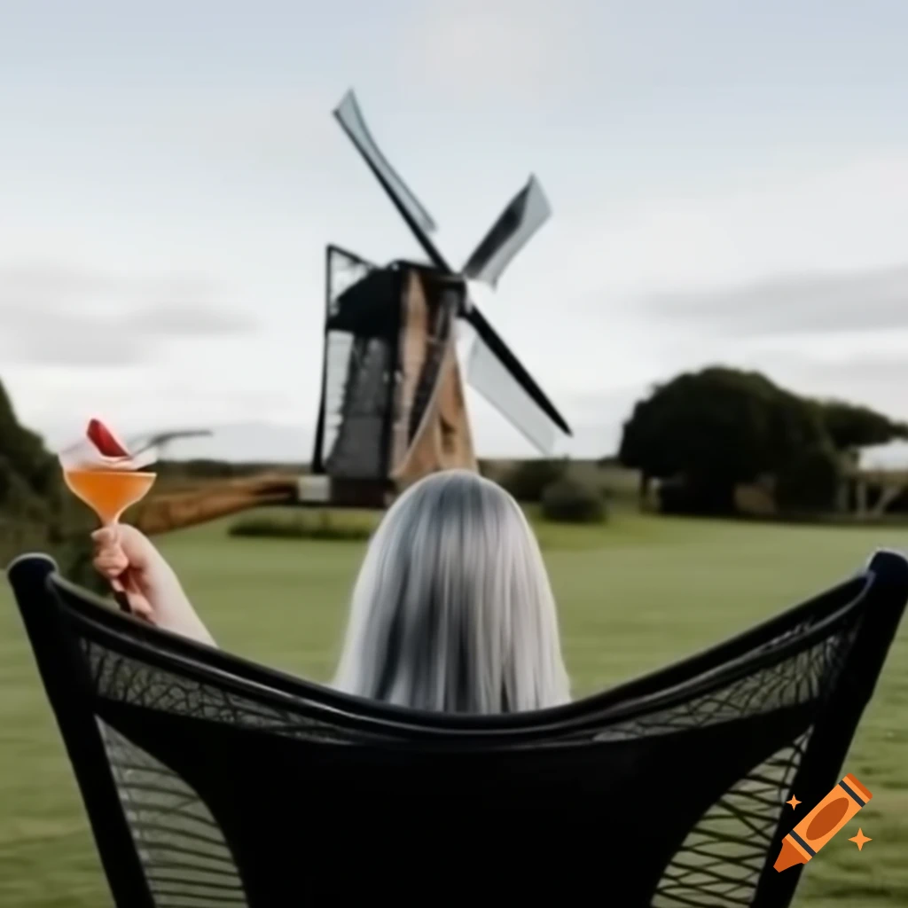 Woman relaxing in lounge chair with cocktail in front of windmill in ...